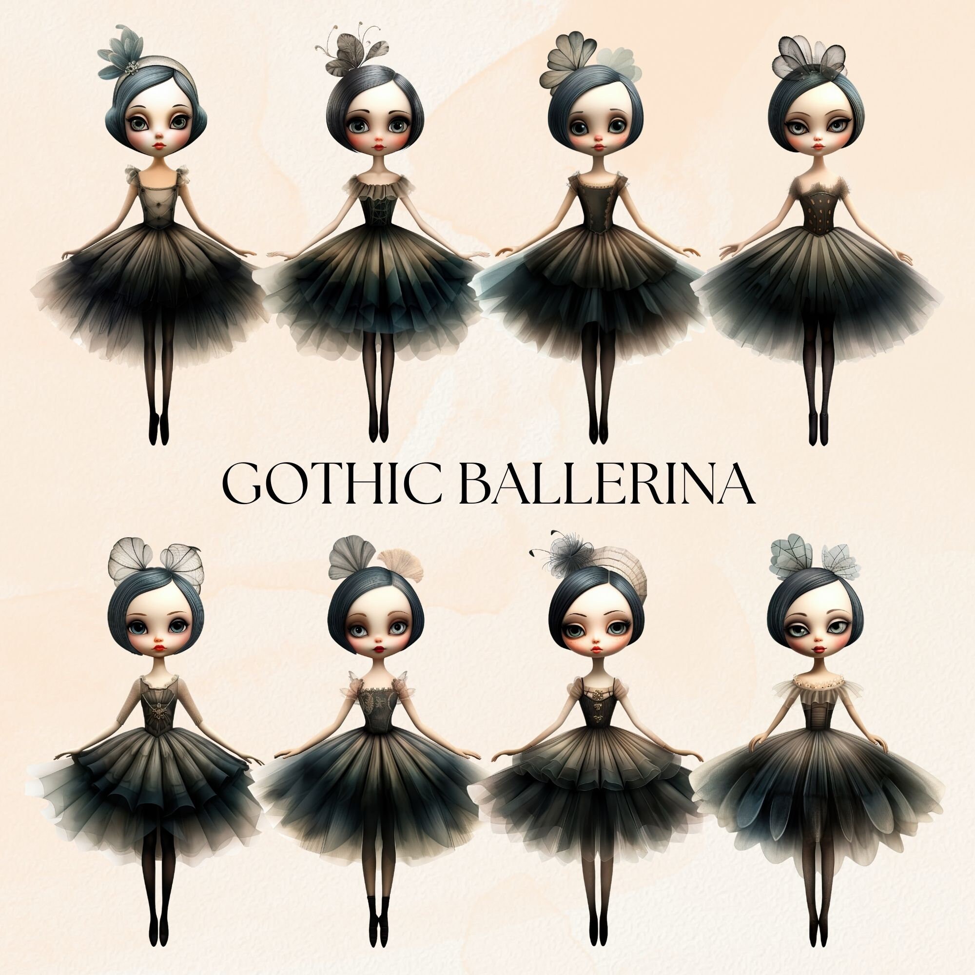 Ballerina Clipart, Gothic Dancer Clip Art Pack, Transparent PNG, Watercolor Paper Dolls, Junk ...