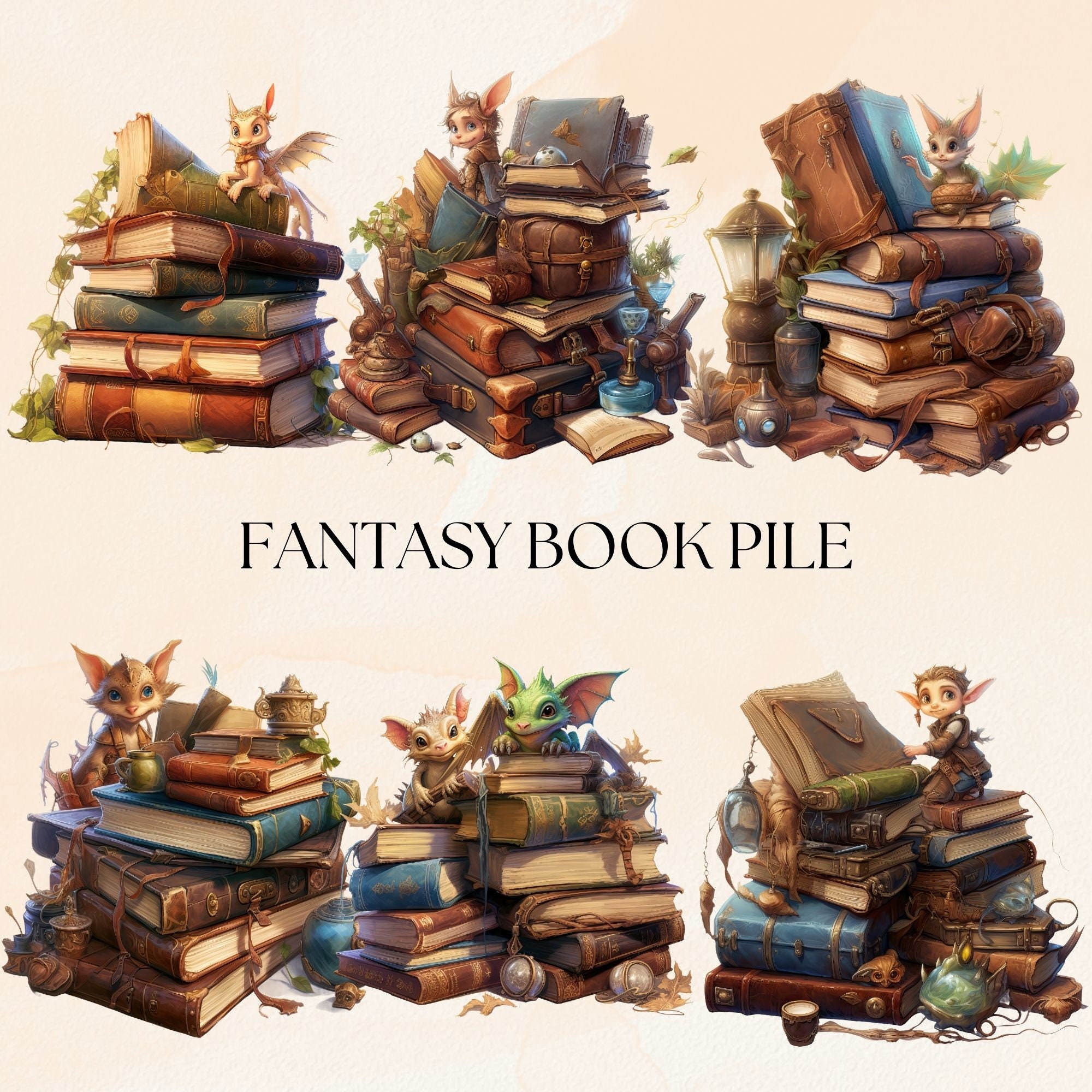 Fantasy Books Clip Art Pack, Dragon Book Pile, Library Clipart, Fantasy ...