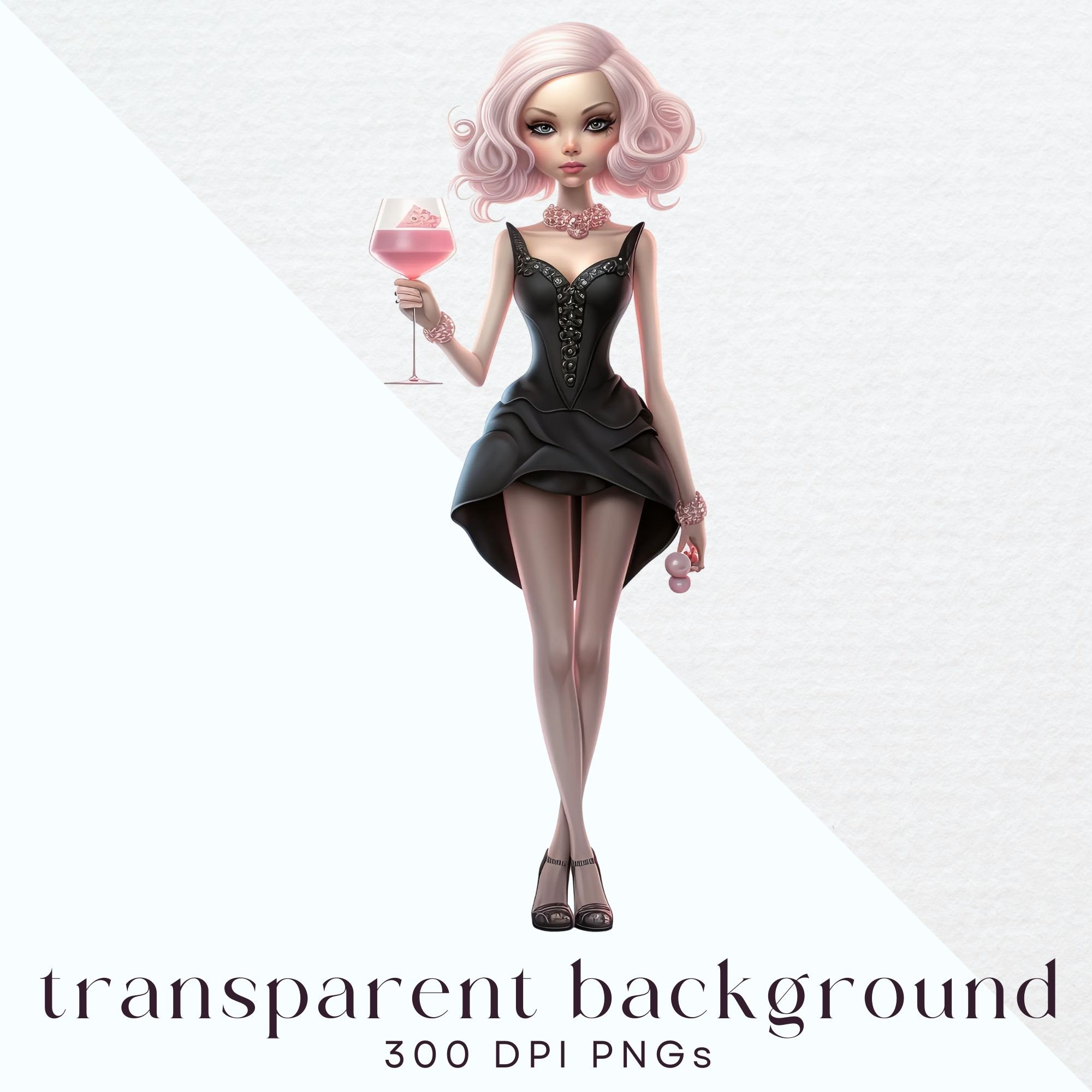 Whimsical Cocktail Girl Clipart Pack, Black Dress Quirky Fashion Paper ...