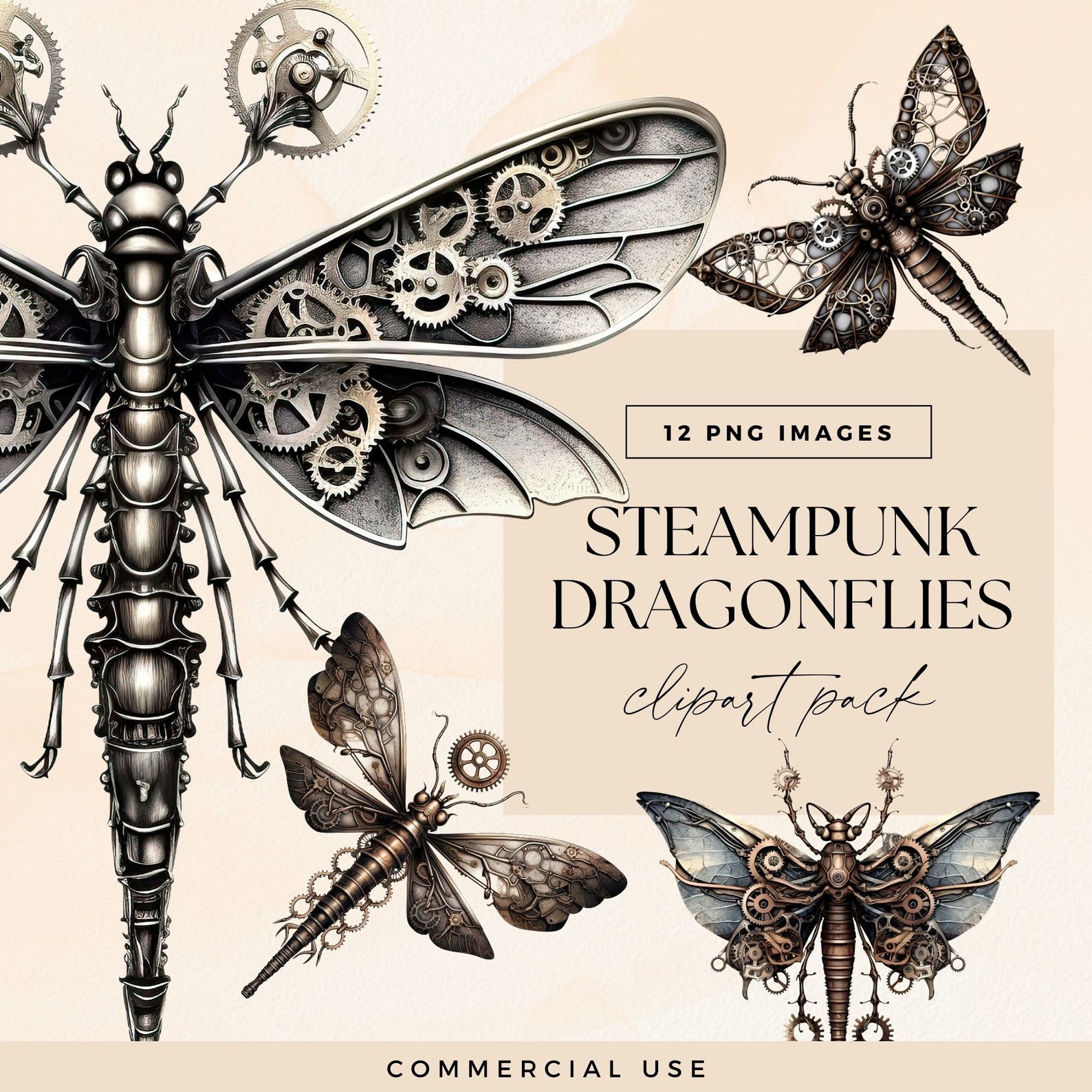 Steampunk Dragonflies Clipart Kit, Transparent PNG, Junk Journal Dragonfly Ephemera, Mechanical ...