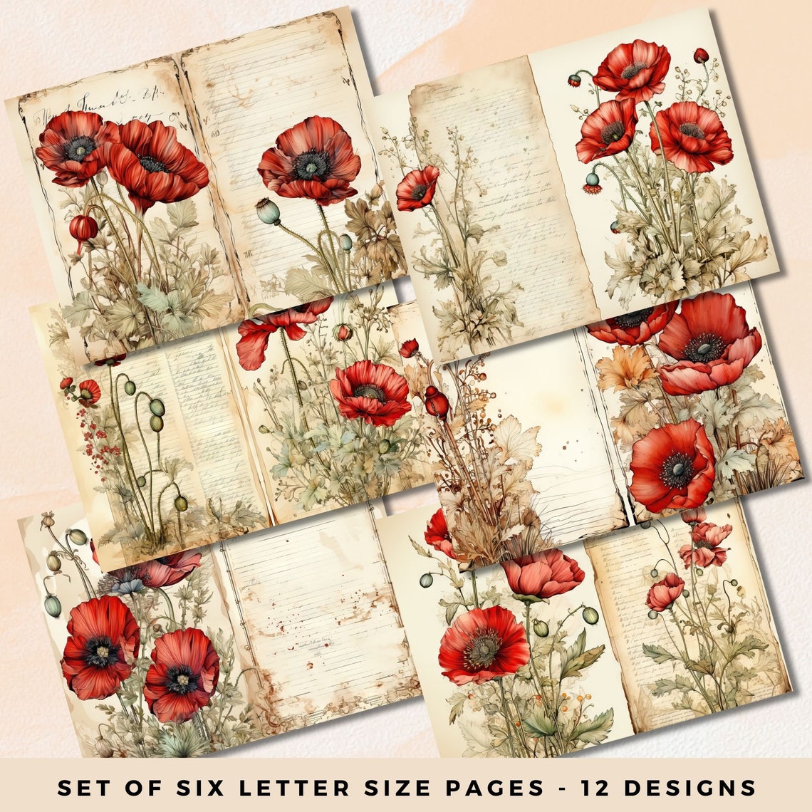 Poppies Junk Journal Kit, Spring Flower Collage Sheets, Floral ...