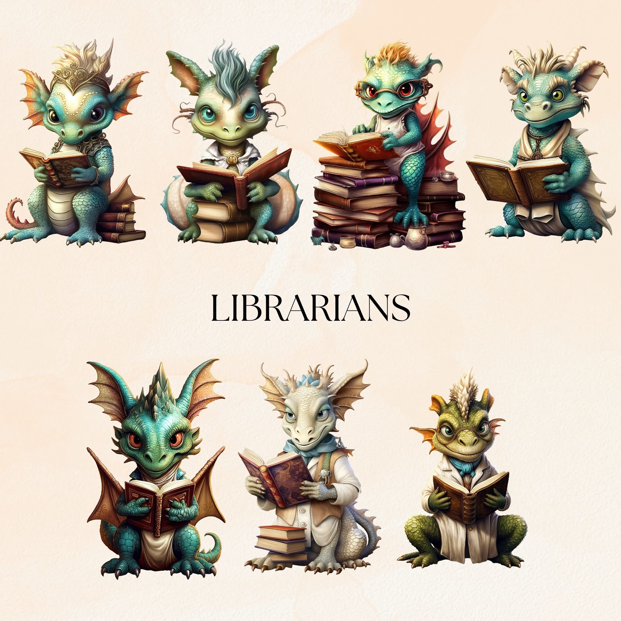 Magical Dragon Librarian Clipart, Fantasy Book Pile Clip Art, Quirky ...