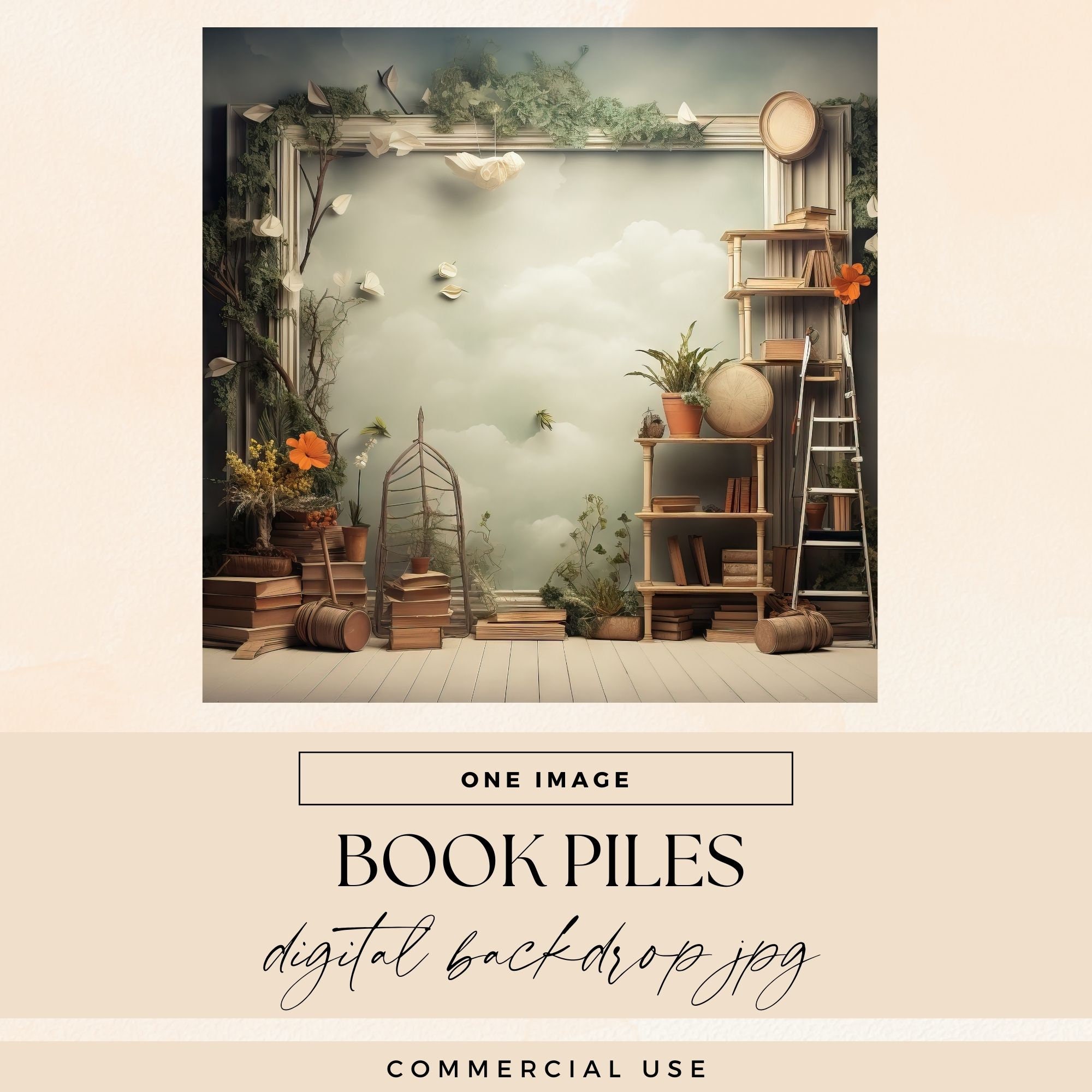 Book Piles Room Backdrop Digital, INSTANT DOWNLOAD, Whimsical Library ...
