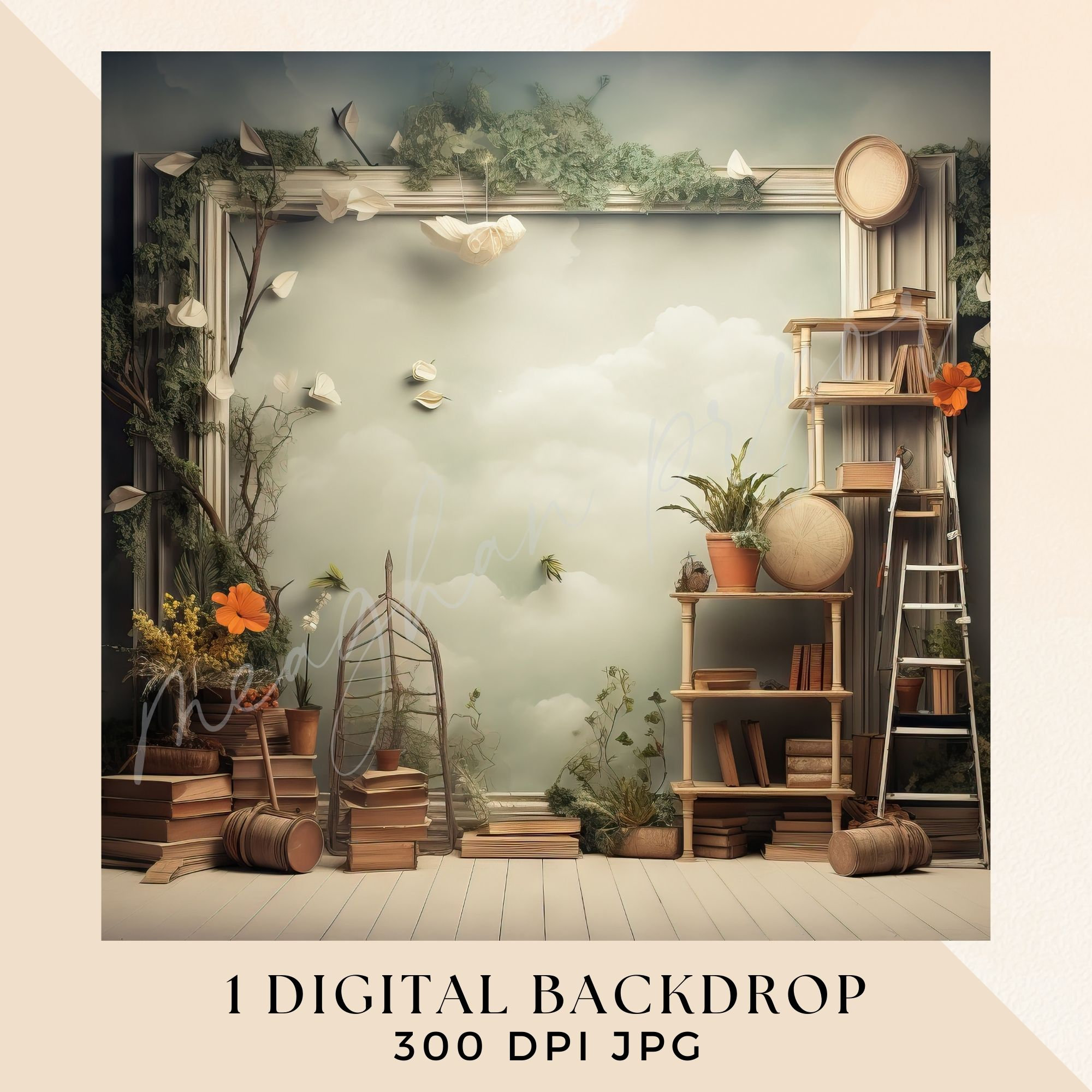 Book Piles Room Backdrop Digital, INSTANT DOWNLOAD, Whimsical Library ...