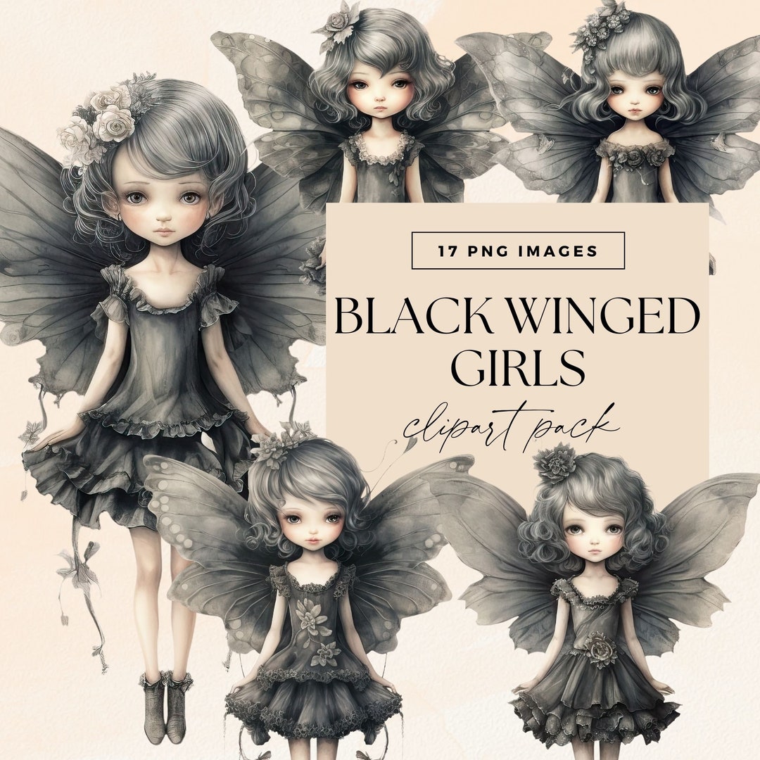 Black Winged Girls Clip Art Clipart Pack, Transparent Pngs, Watercolour ...