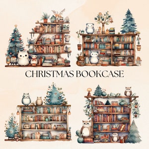 Christmas Bookshelf Clipart Pack, Watercolour Xmas Clip Art, Holiday ...