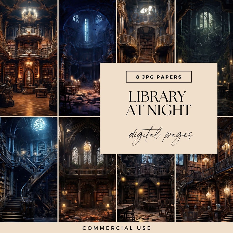 Library at Night Digital Papers INSTANT DOWNLOAD Book Lover - Etsy
