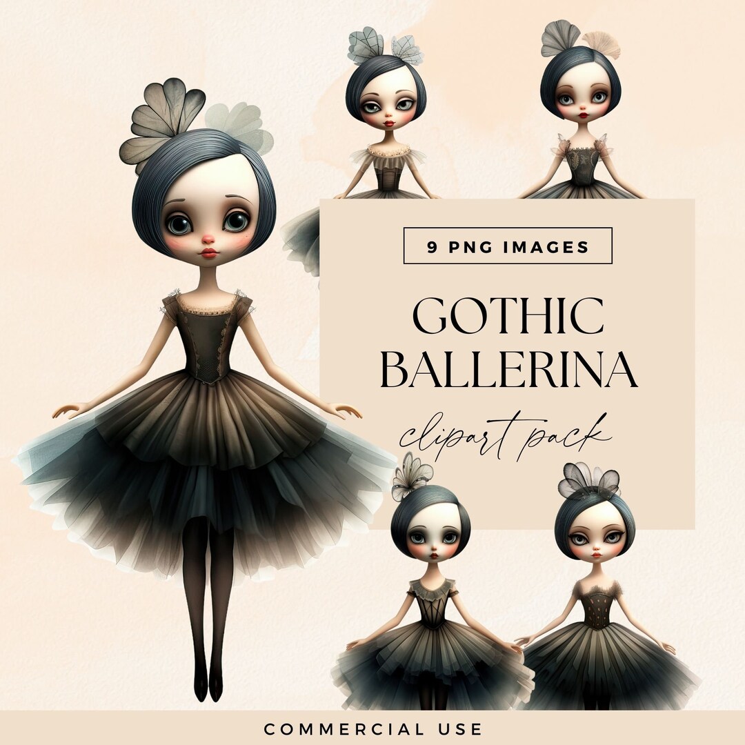 Ballerina Clipart, Gothic Dancer Clip Art Pack, Transparent PNG, Watercolor Paper Dolls, Junk ...