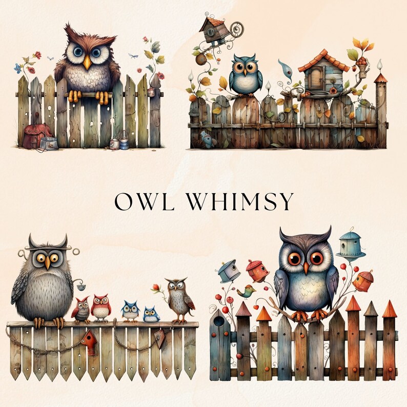 Whimsical Owl Clipart Bundle, Transparent PNG, Bird Quirky Art, Whimsy ...