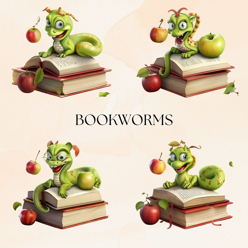 Bookworm Clip Art Pack, Reading Clipart Bundle, Books Reading Graphics ...
