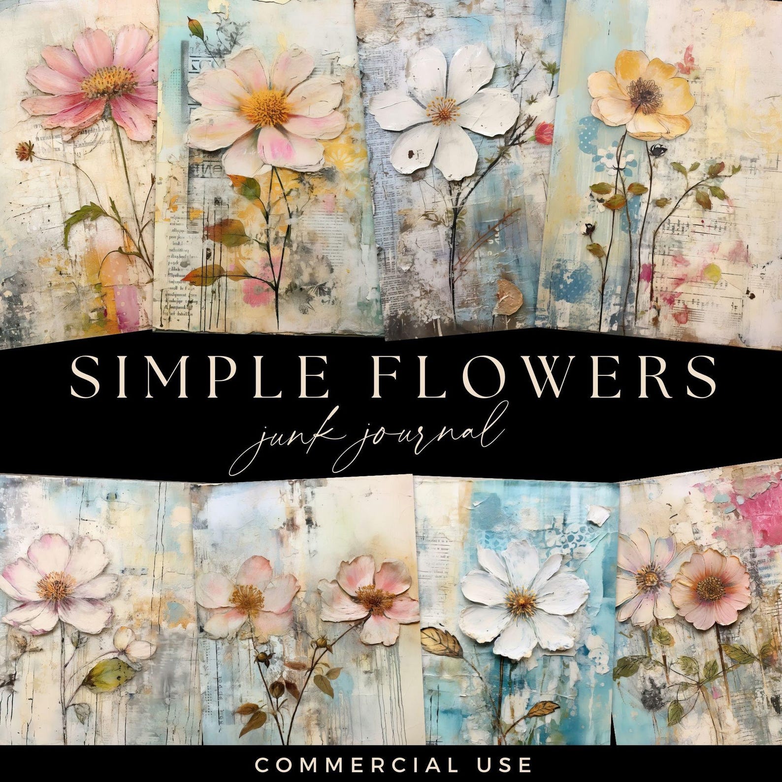 Pastel Flower Junk Journal Kit, Enchanted Flowers Illustration, Digital ...