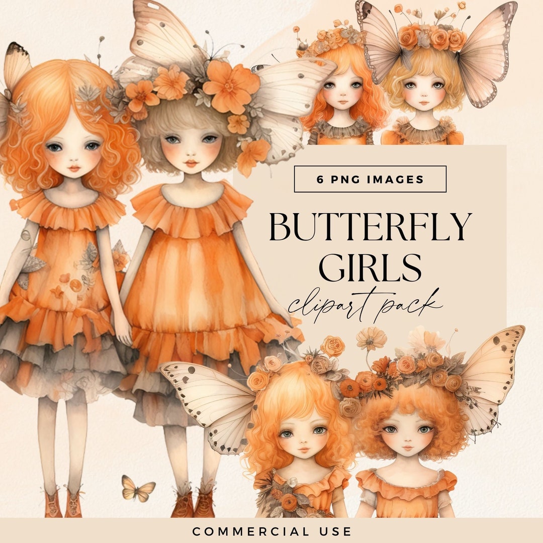 Whimsical Butterfly Girls Clip Art Clipart Pack, Botanical Friends ...