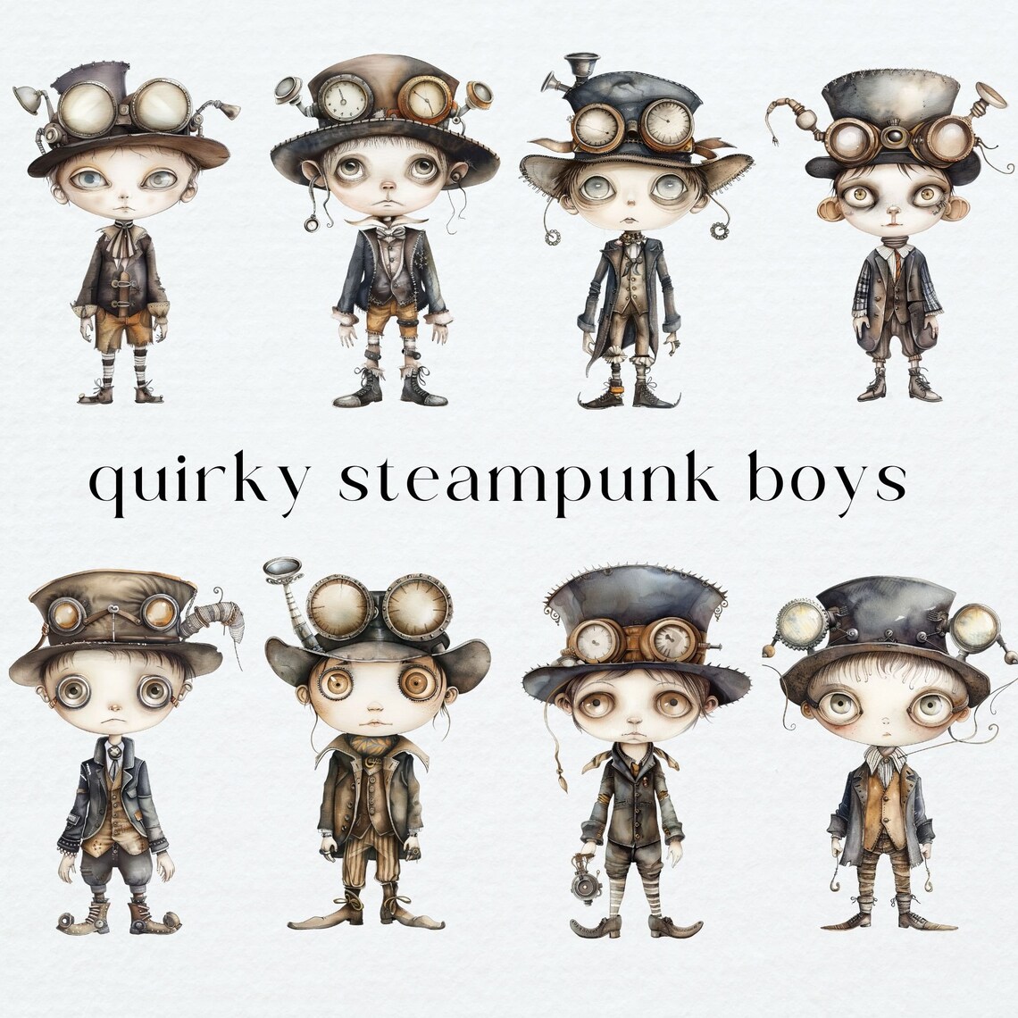 Steampunk Boys Clipart Pack, Vintage Doll Watercolor PNG Clip Art ...