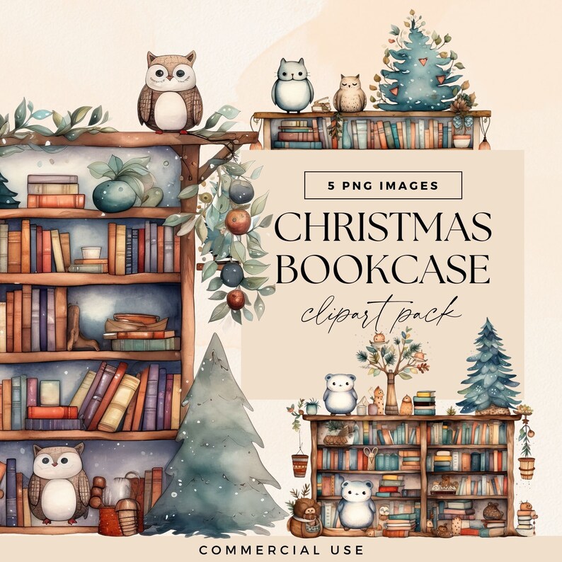 Christmas Bookshelf Clipart Pack, Watercolour Xmas Clip Art, Holiday ...