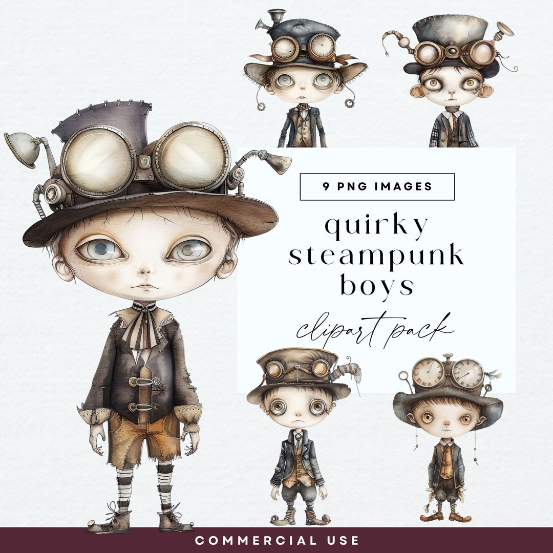 Steampunk Boys Clipart Pack, Vintage Doll Watercolor PNG Clip Art, Quirky Character Junk Journal ...