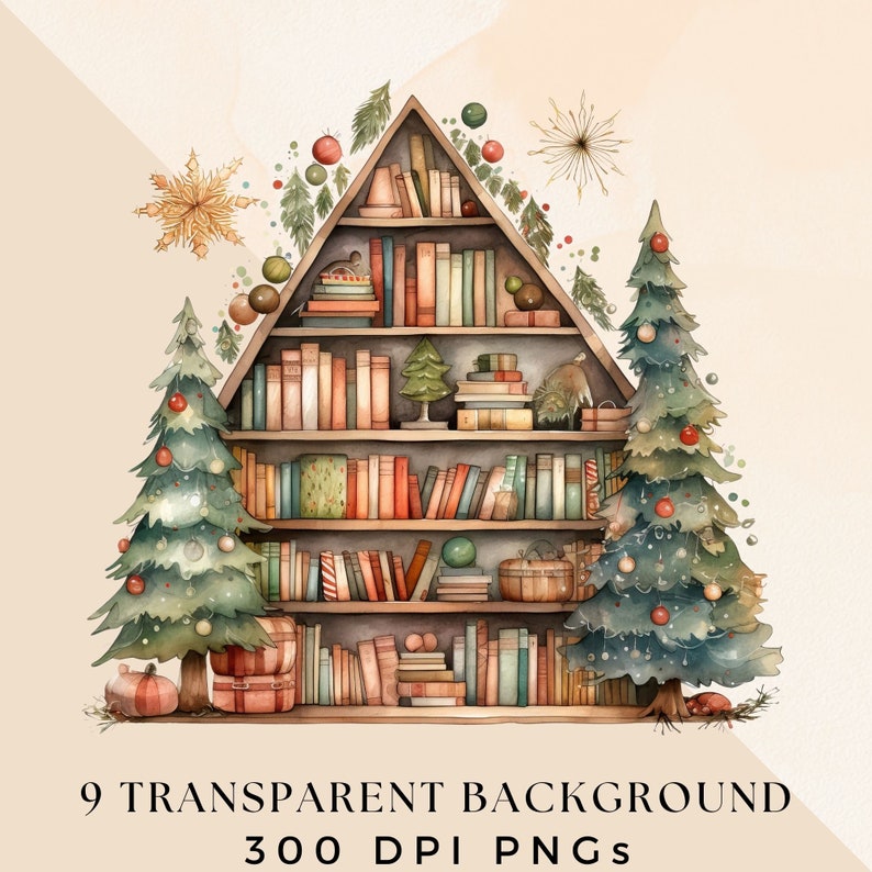 Christmas Bookshelf Clipart Pack, Watercolour Xmas Clip Art, Holiday ...