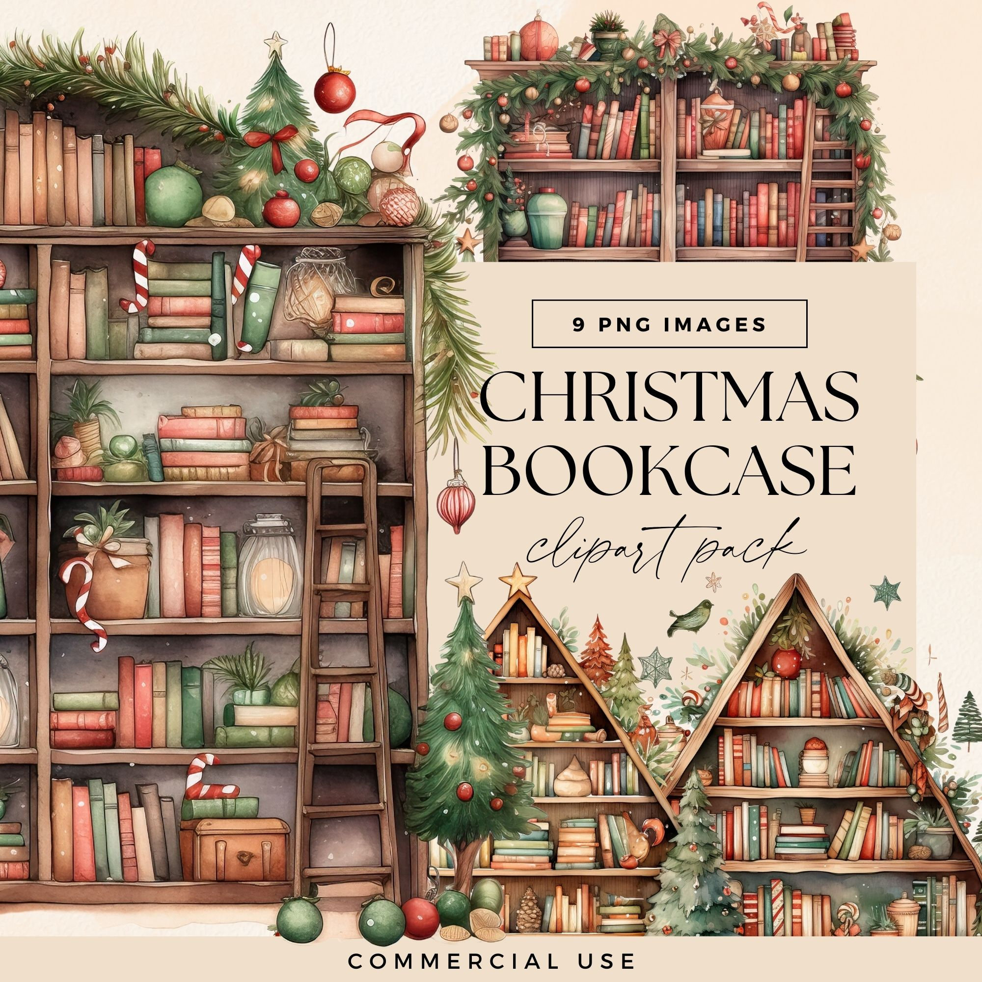 Christmas Bookshelf Clipart Pack, Watercolour Xmas Clip Art, Holiday ...