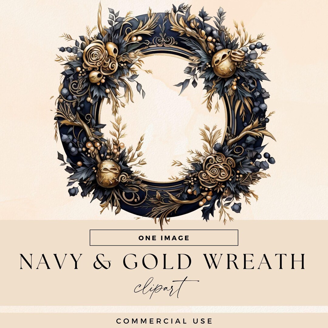 Navy Gold Floral Wreath Clipart, Botanical Clip Art, Transparent PNG ...