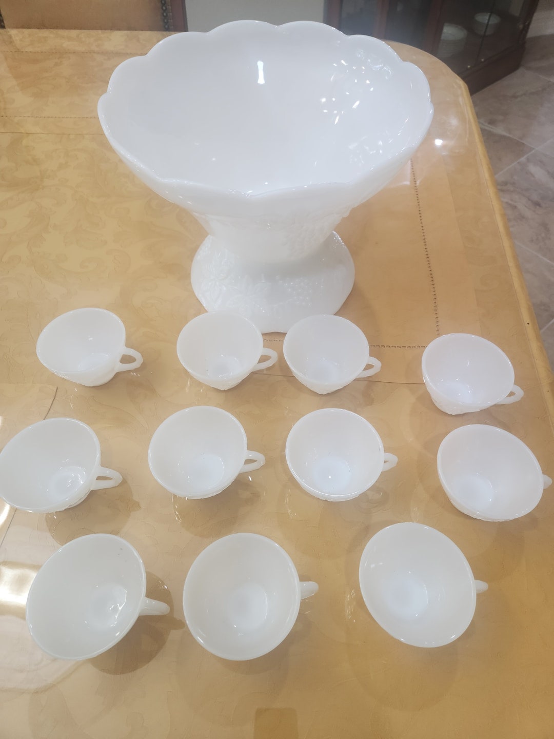 Anchor Hawking Milk Glass Punch Bowl With Stand and 11 Cups, Grapes ...