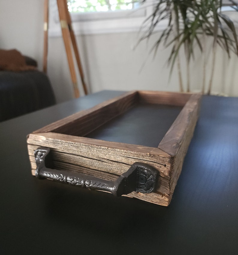 Rustic Wood Serving Tray With Leather Base | Reclaimed Barn Wood Decor ...