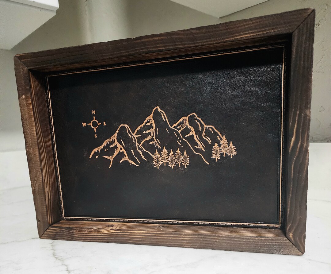 Reclaimed Barn Wood Tray With Leather Mountain Design | Rustic Wooden ...