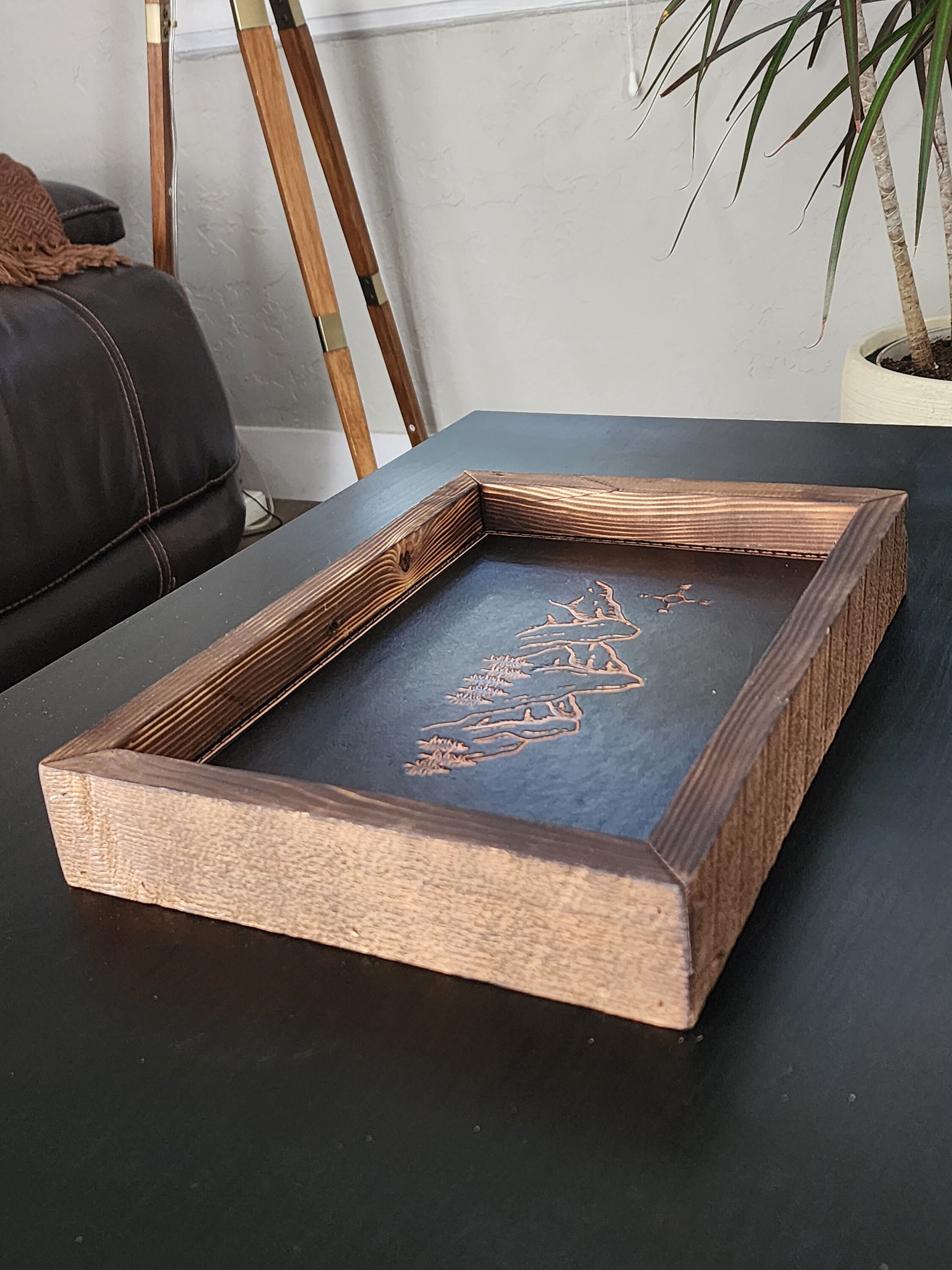 Reclaimed Barn Wood Tray With Leather Mountain Design | Rustic Wooden ...