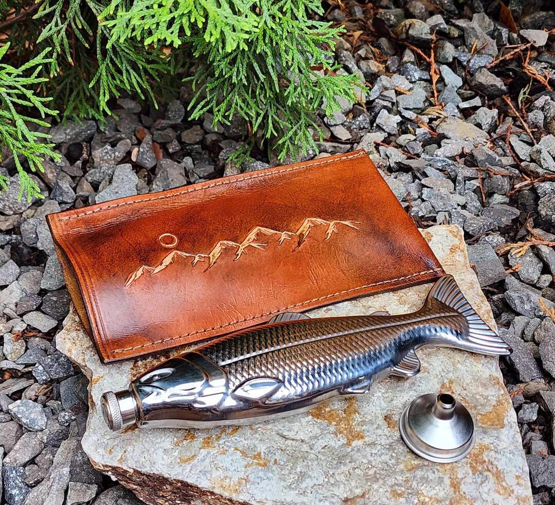 Etched Leather Mountain Range Fish Flask | 5oz Stainless Steel Flask ...