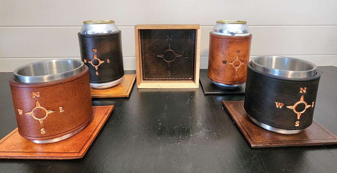 Leather Compass Coaster Set, 10oz Whiskey Mug Set, Stainless Steel Mugs ...