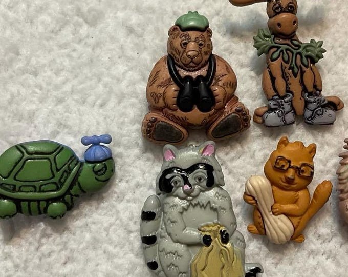 Set of Six Snap Together Vintage Animal Buttons, Racoon, Moose, Turtle ...