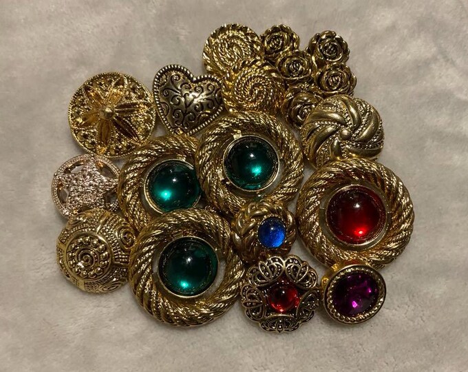 19 Gold Tone and Faux Jewel Buttons. 1980s Gem Buttons. Green, Red ...