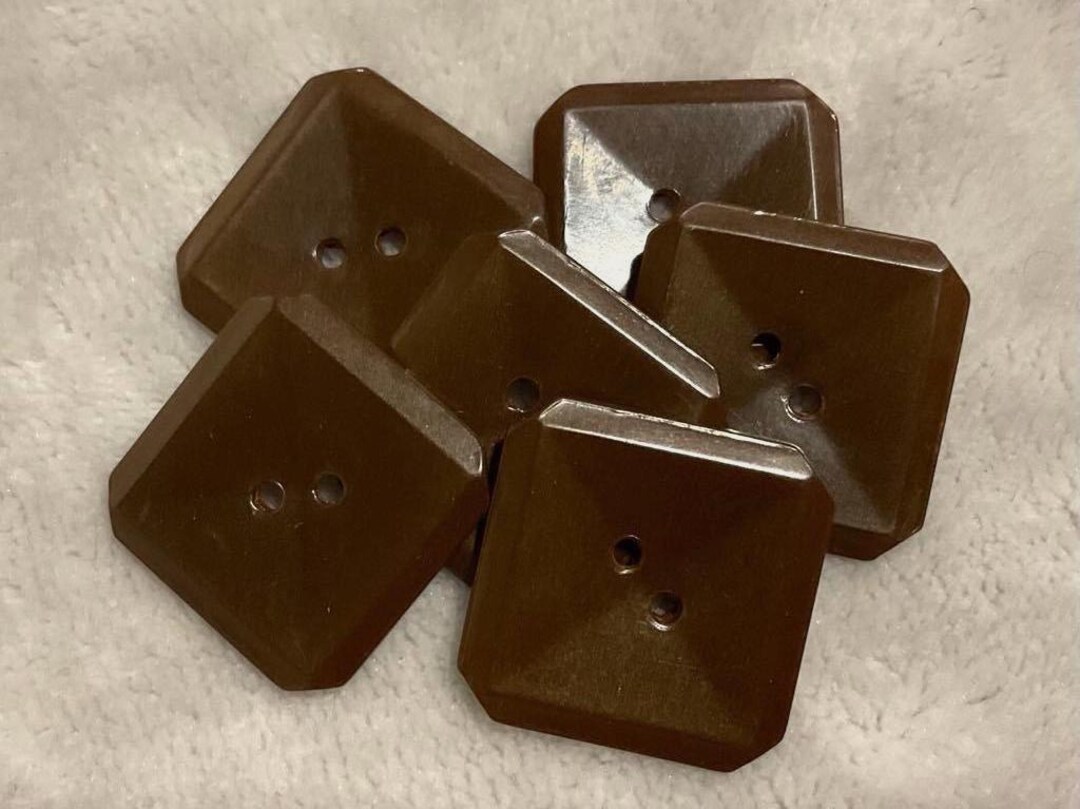 6 Brown Square Deco Casein Buttons. Two Hole, Sew Through. Concave ...