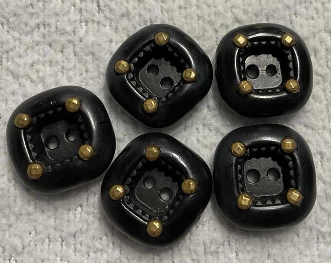5 Black Square Vintage Buttons. Edged With Brass Rivets. Two Hole Sew ...