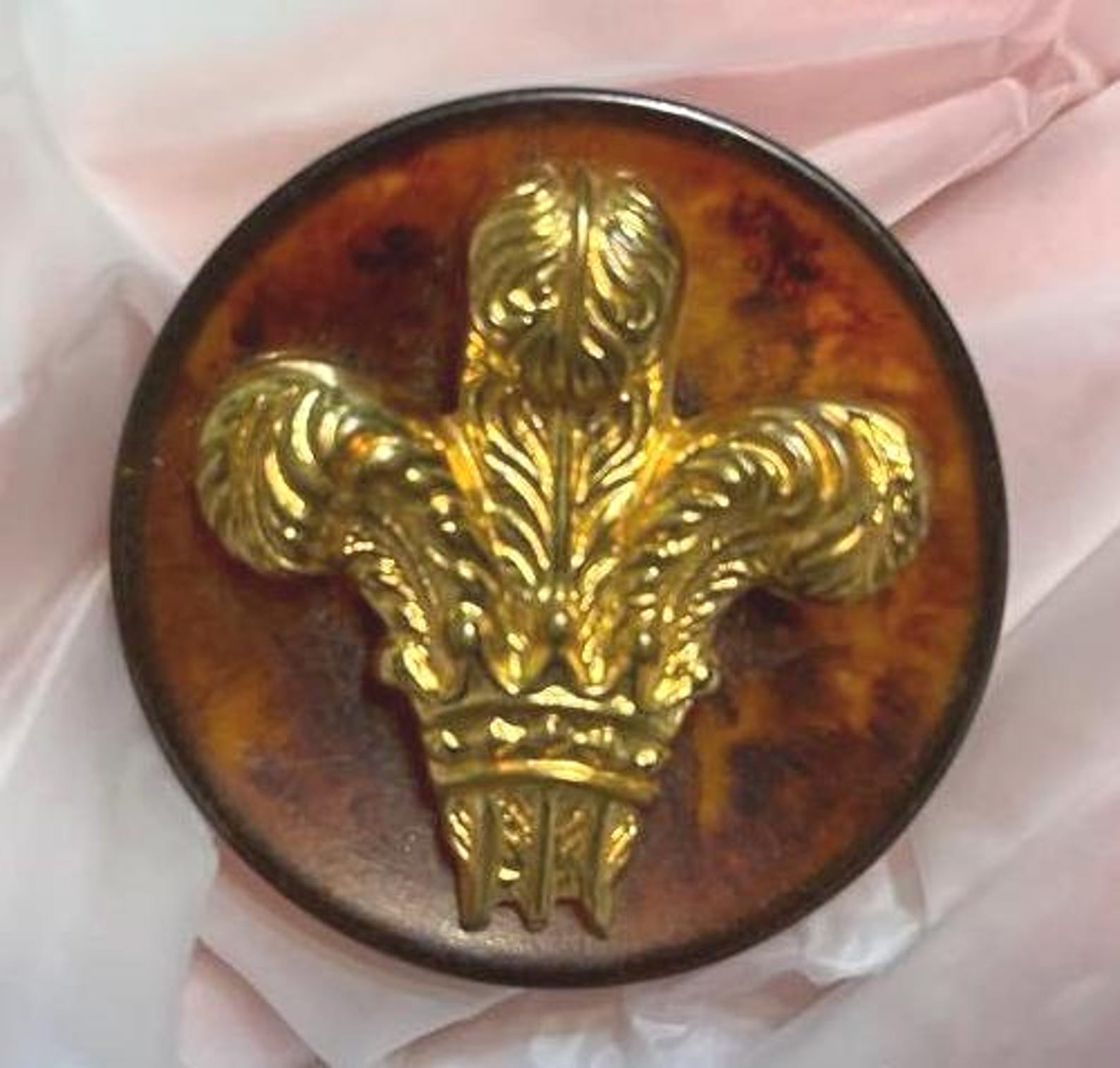 Concave Root Beer Bakelite Button With Metal Insert of Crown and ...