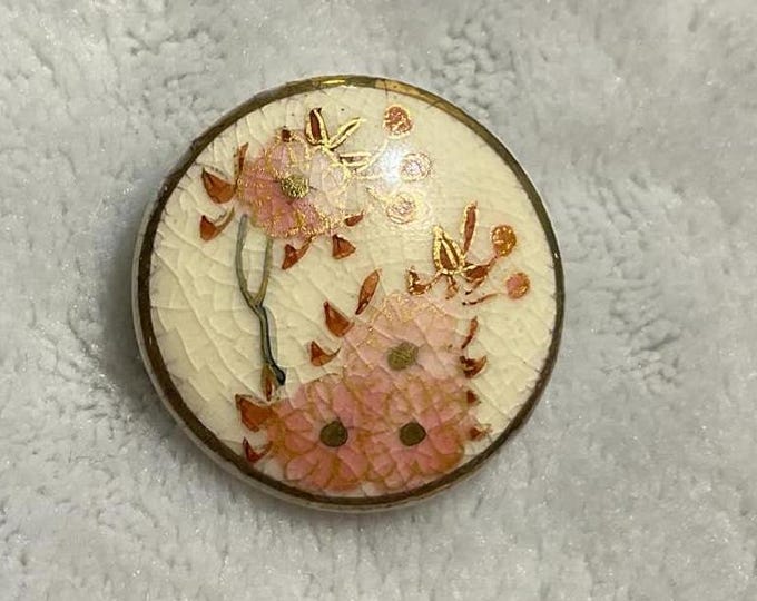 Antique Satsuma Porcelain Button With Light Pink Flowers and Gold Trim ...