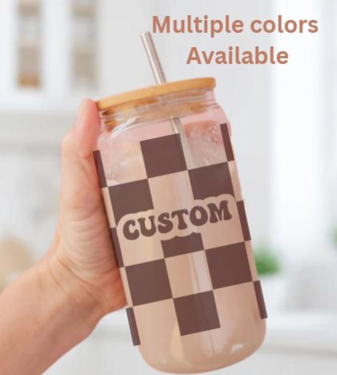 Checker Glass Cup With Straw and Lid Personalized Cup for Gift - Etsy