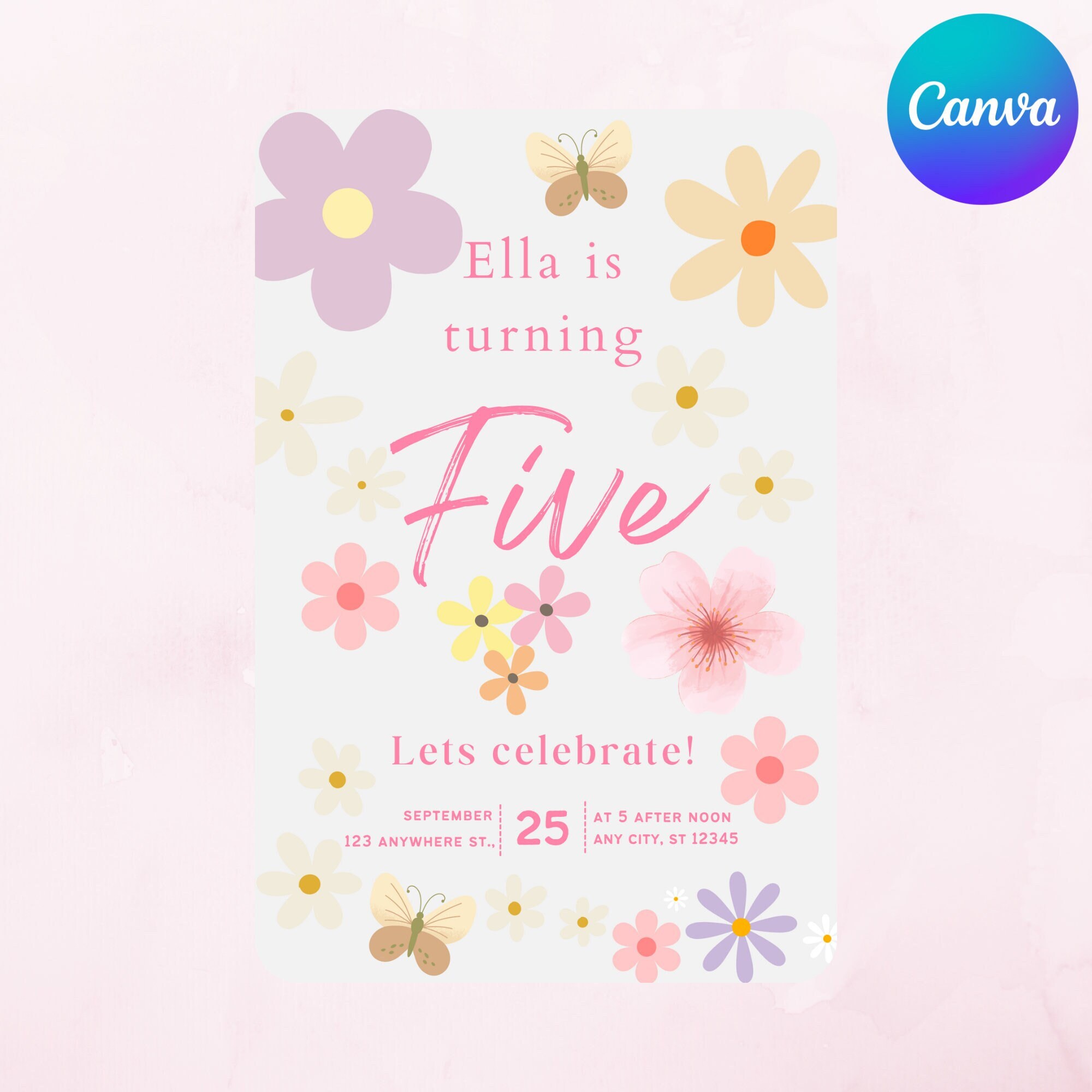 Pretty Floral Birthday Party Invitation Printable Editable Kids Party ...