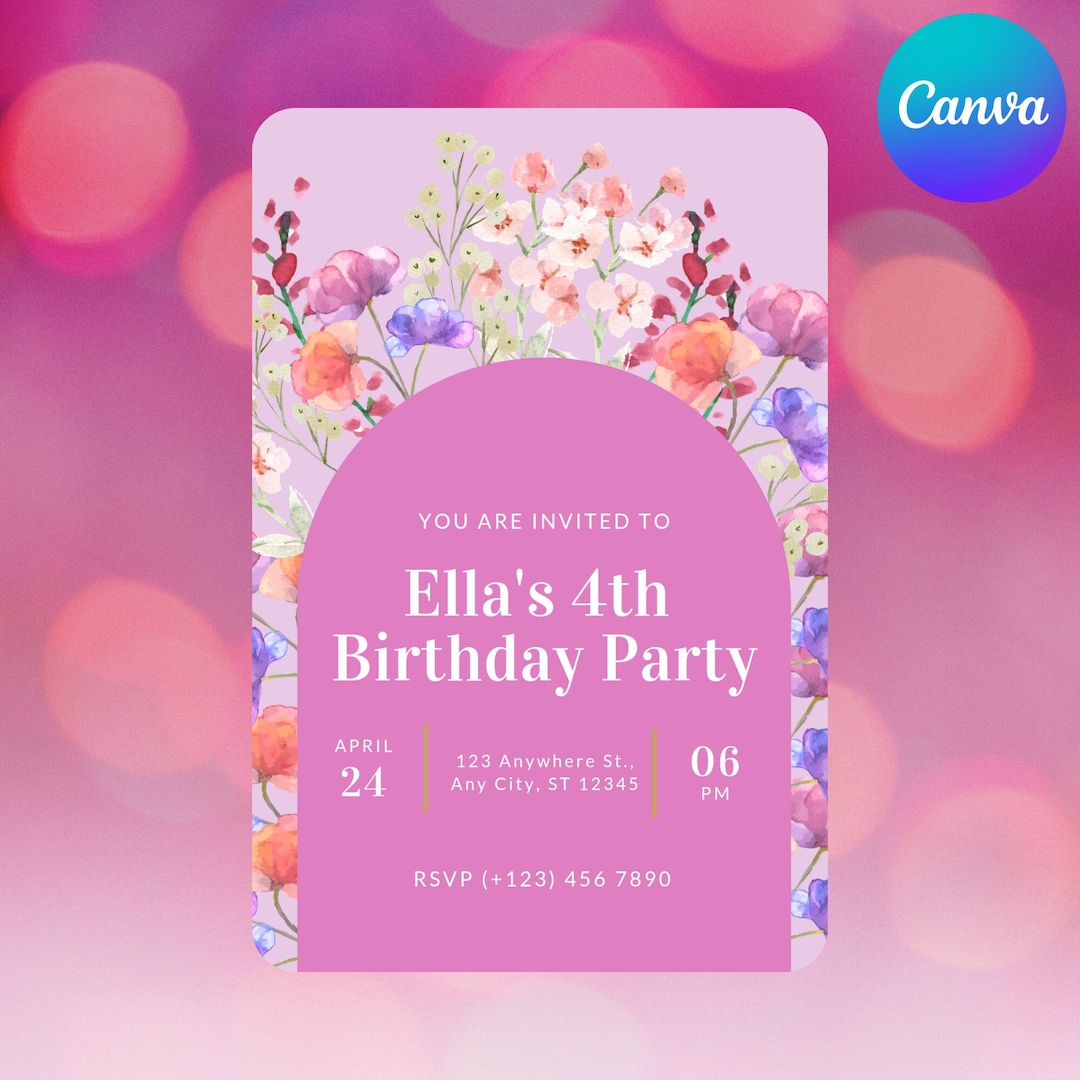 Pink Birthday Party Invitation Floral Bright Pink Editable Kids Party ...