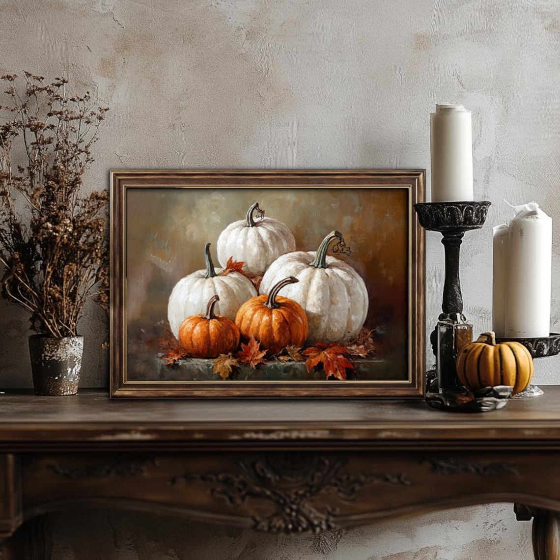 Fall Wall Decor Pumpkin Still Life Painting, Painting Rustic Fall Art ...