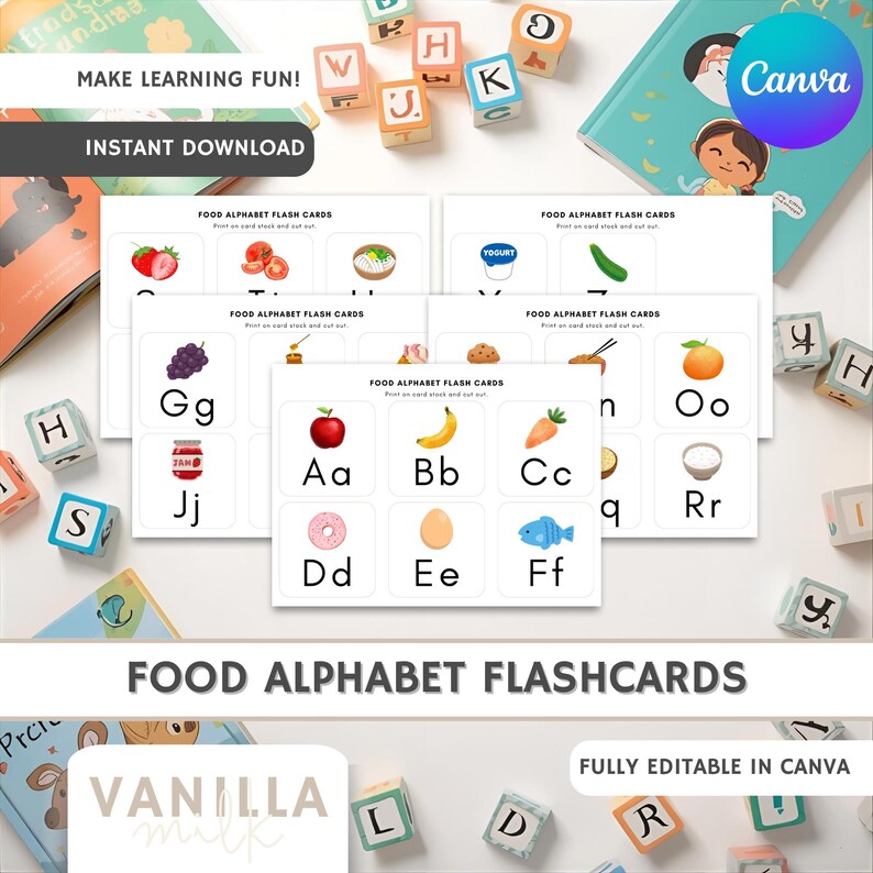 Alphabet Food Flashcards | Kids Printable Learning Cards | A-Z Food ...