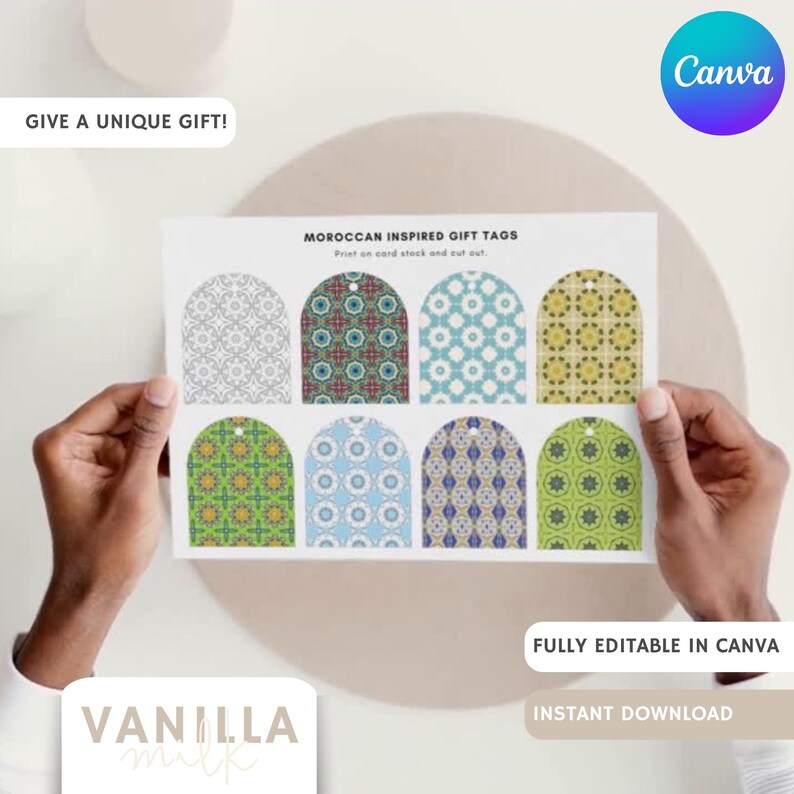 Moroccan Gift Tags Printable A4 PDF & Canva Template | 8 Patterned Tags ...