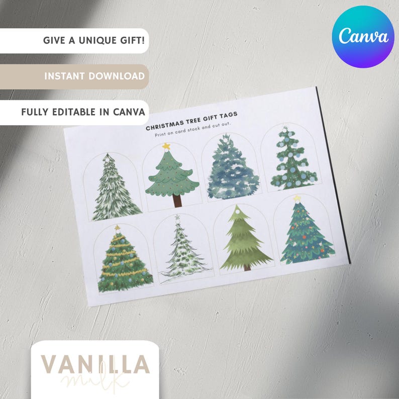 Printable Christmas Gift Tags A4 PDF | 8 Christmas Tree Designs ...