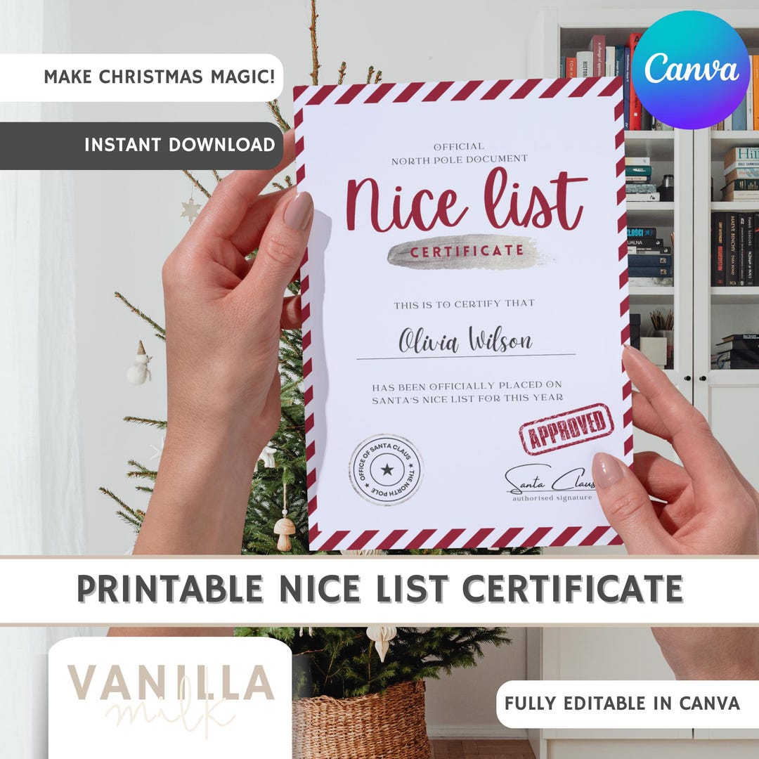 Editable Nice List Certificate: Christmas Santa Award (PDF & Canva) - Etsy