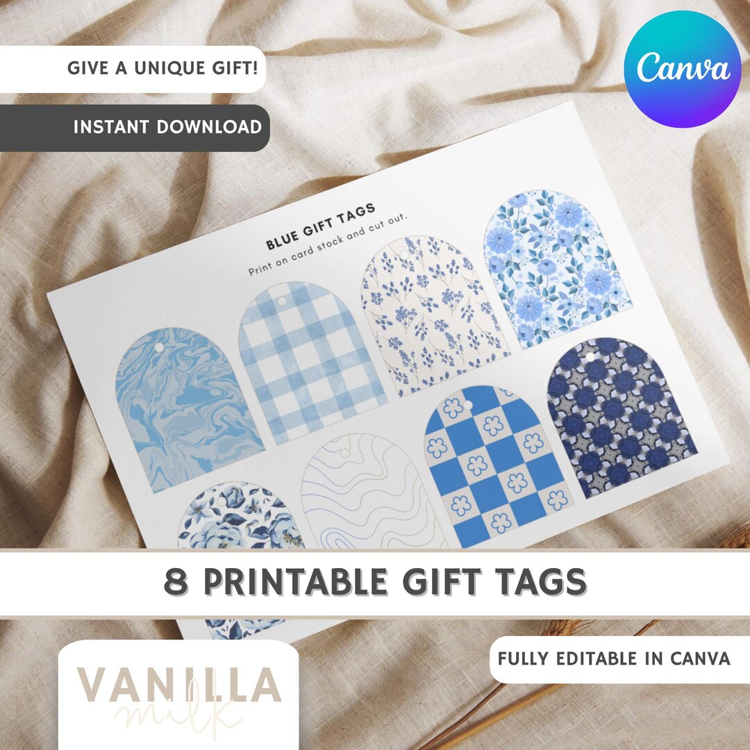 Blue Patterned Gift Tags, Printable Holiday Labels (canva Editable PDF ...