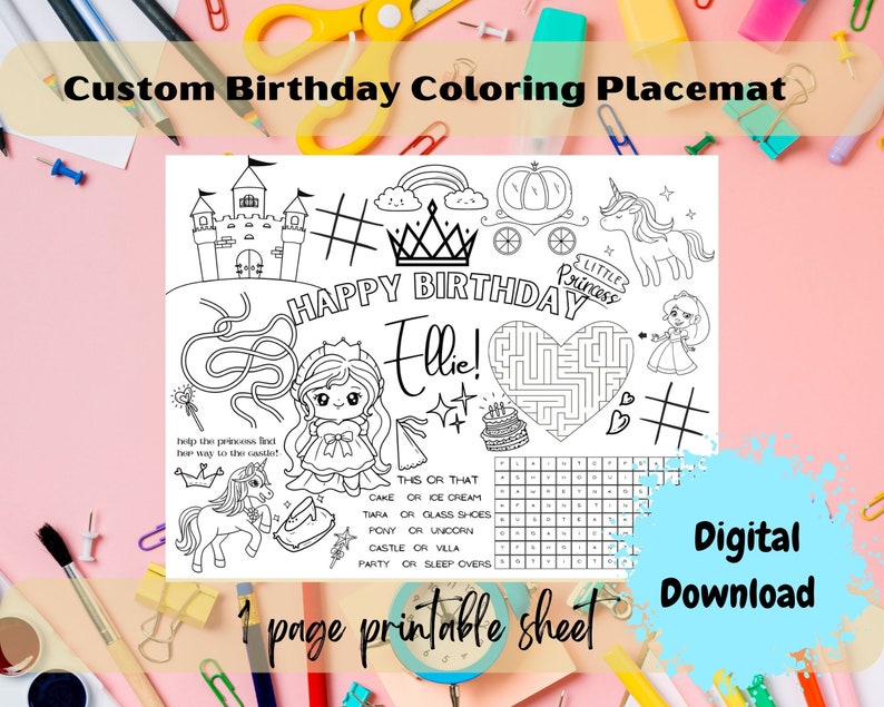Princess Birthday Coloring Placemat for Kids Party Coloring Page Craft ...
