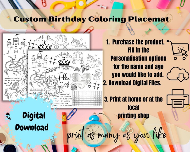 Princess Birthday Coloring Placemat for Kids Party Coloring Page Craft ...