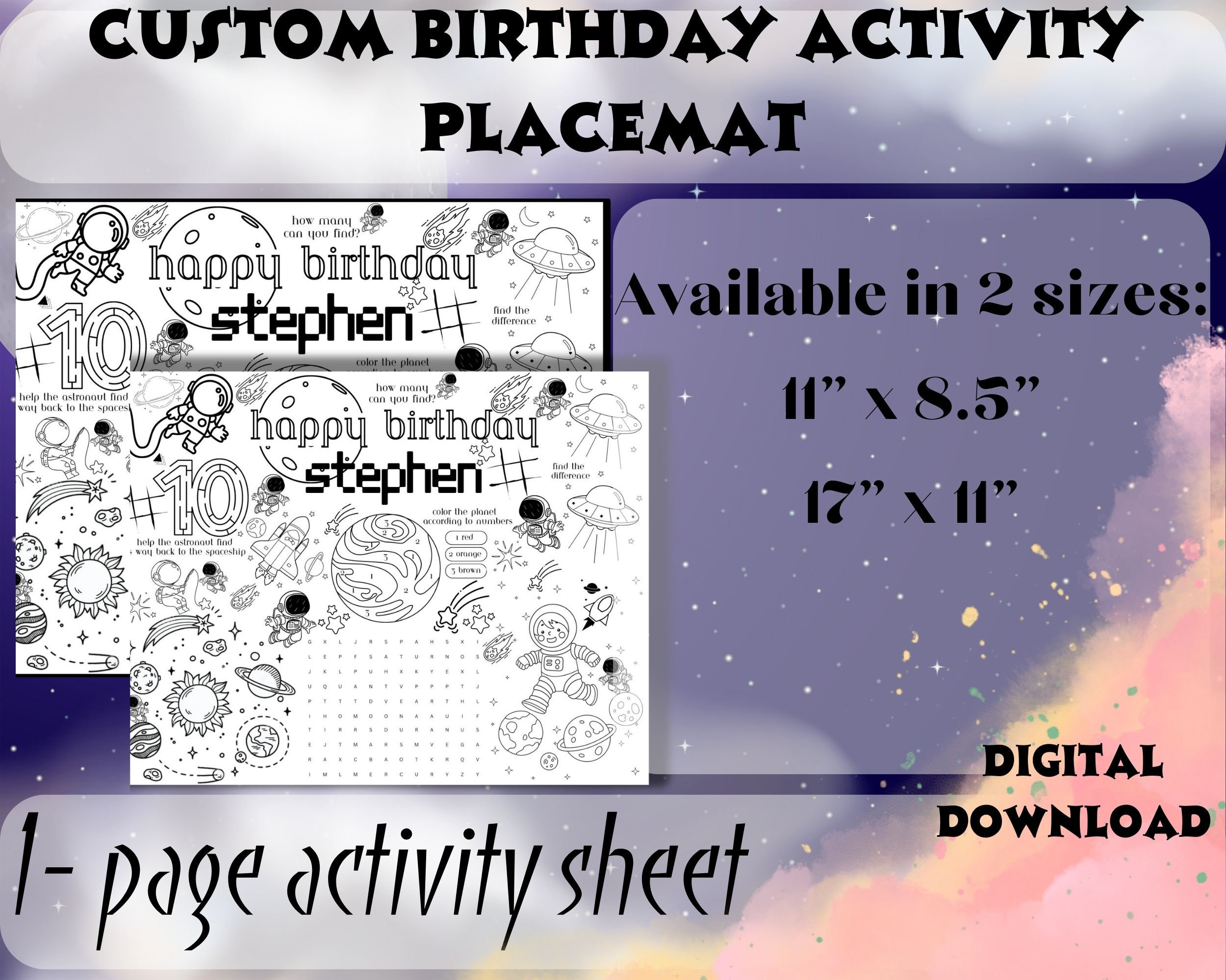 Outer Space Birthday Party Printable Activity Placemat for Kids Digital ...