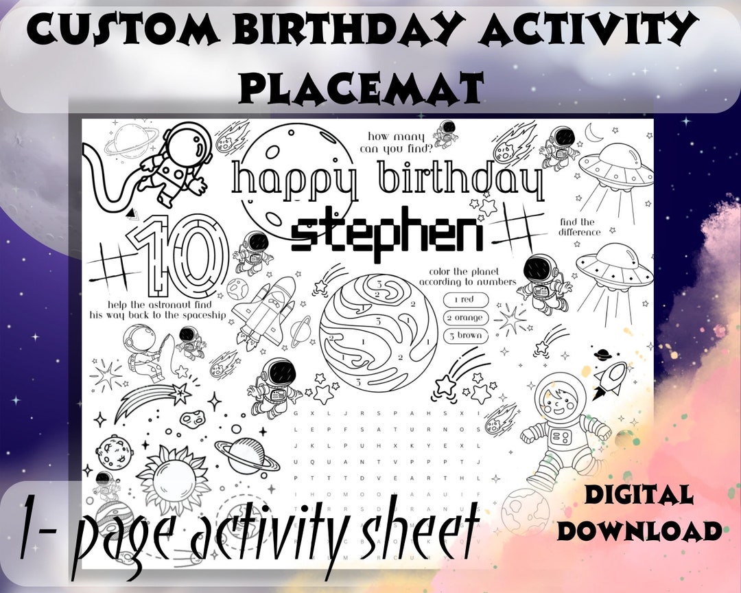 Outer Space Birthday Party Printable Activity Placemat for Kids Digital ...