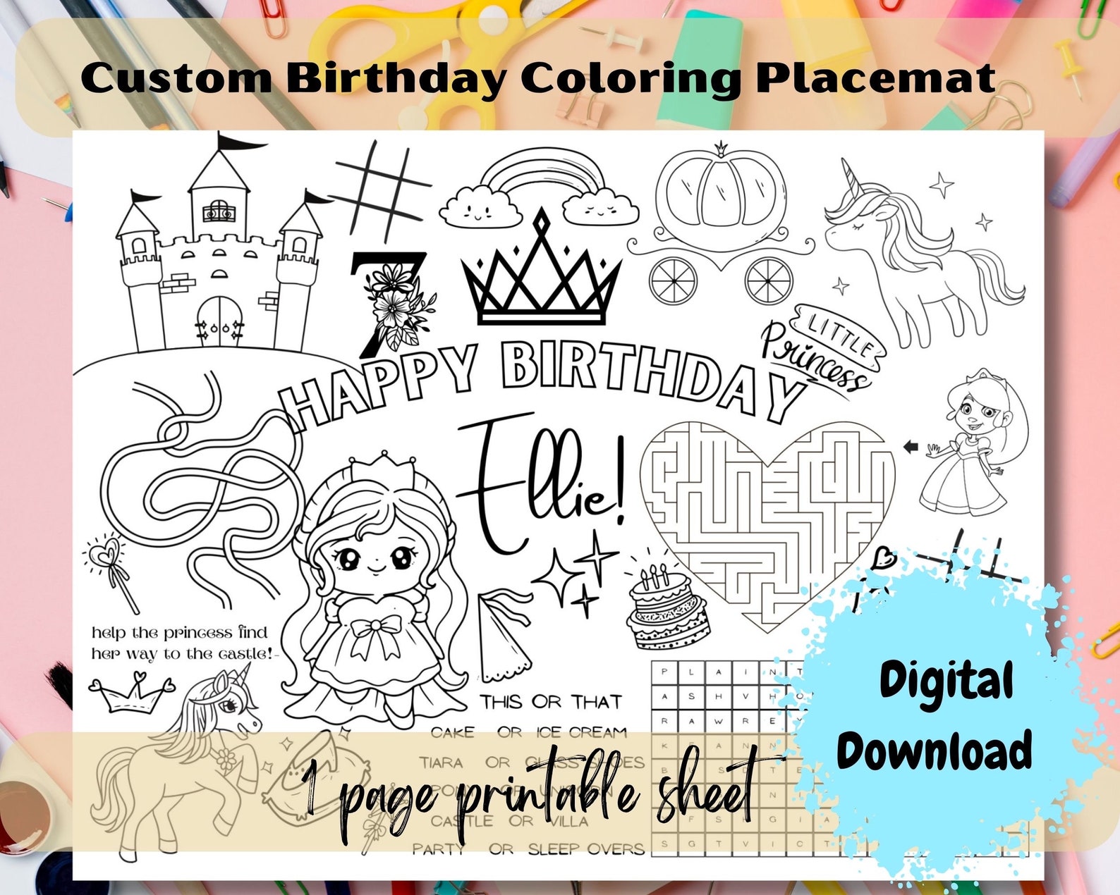 Princess Birthday Coloring Placemat for Kids Party Coloring Page Craft ...