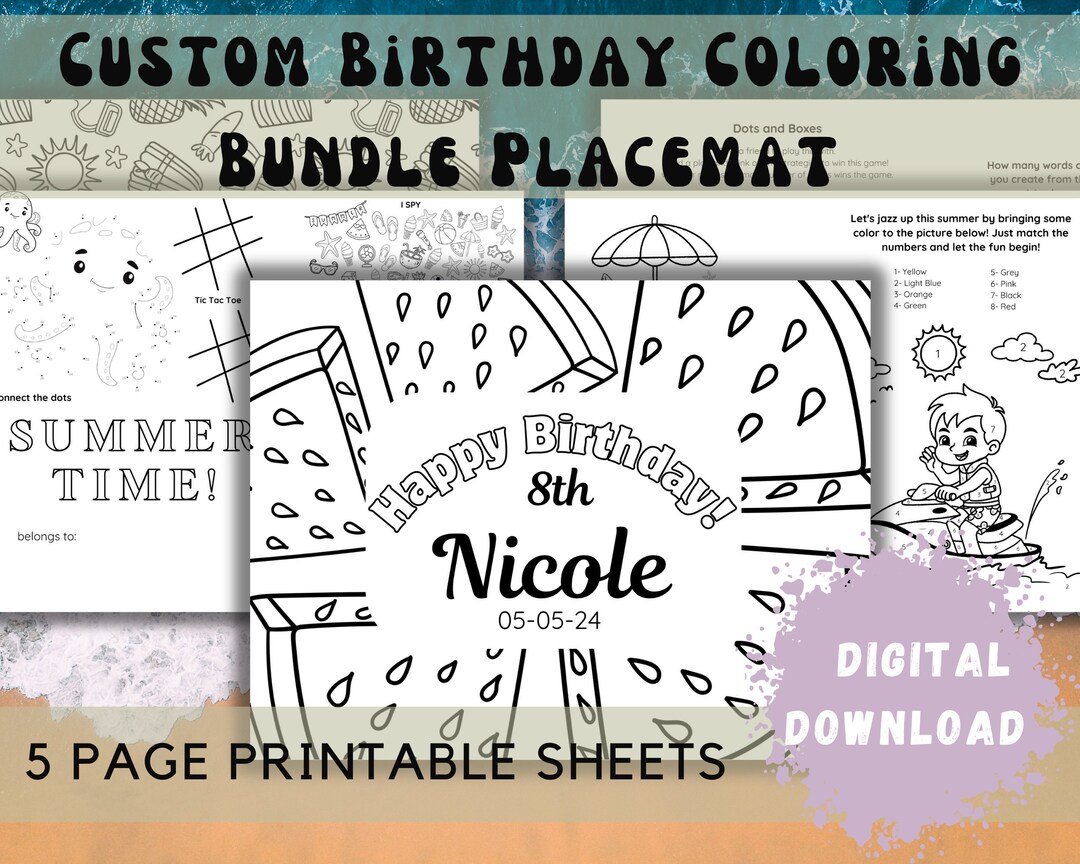 Summer Birthday Activity Bundle Printable Placemat for Kids Coloring ...