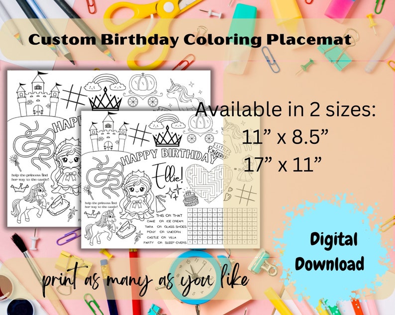 Princess Birthday Coloring Placemat for Kids Party Coloring Page Craft ...
